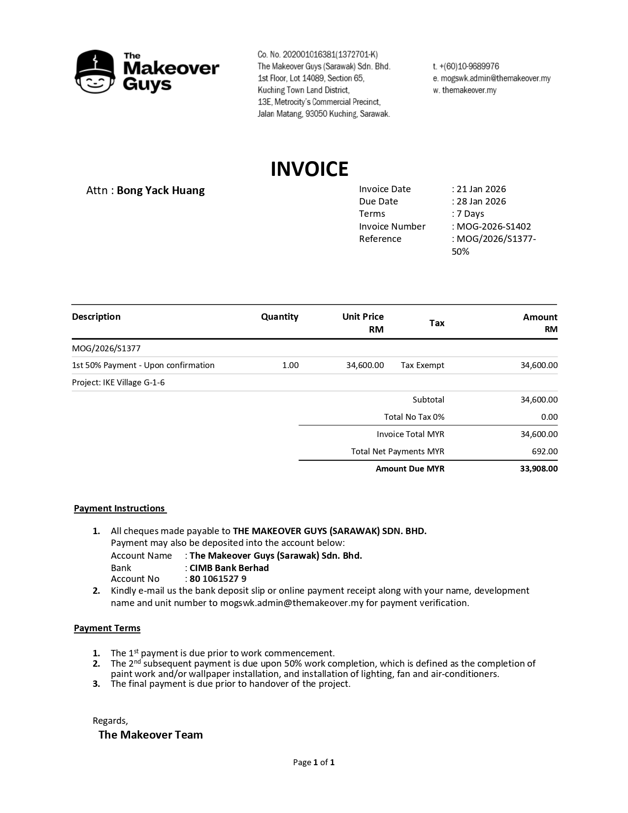 MAKEOVER GUYS – RENOVATION PACKAGE (1ST 50% PAYMENT – UPON CONFIRMATION ...